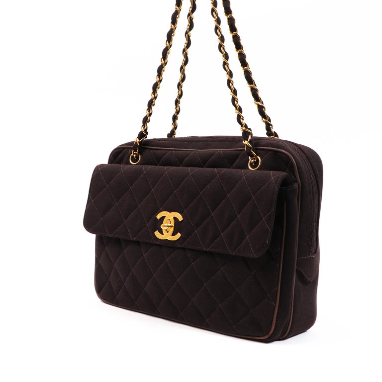 Chanel Brown Quilted Fabric Vintage Tote Bag For Sale at 1stDibs