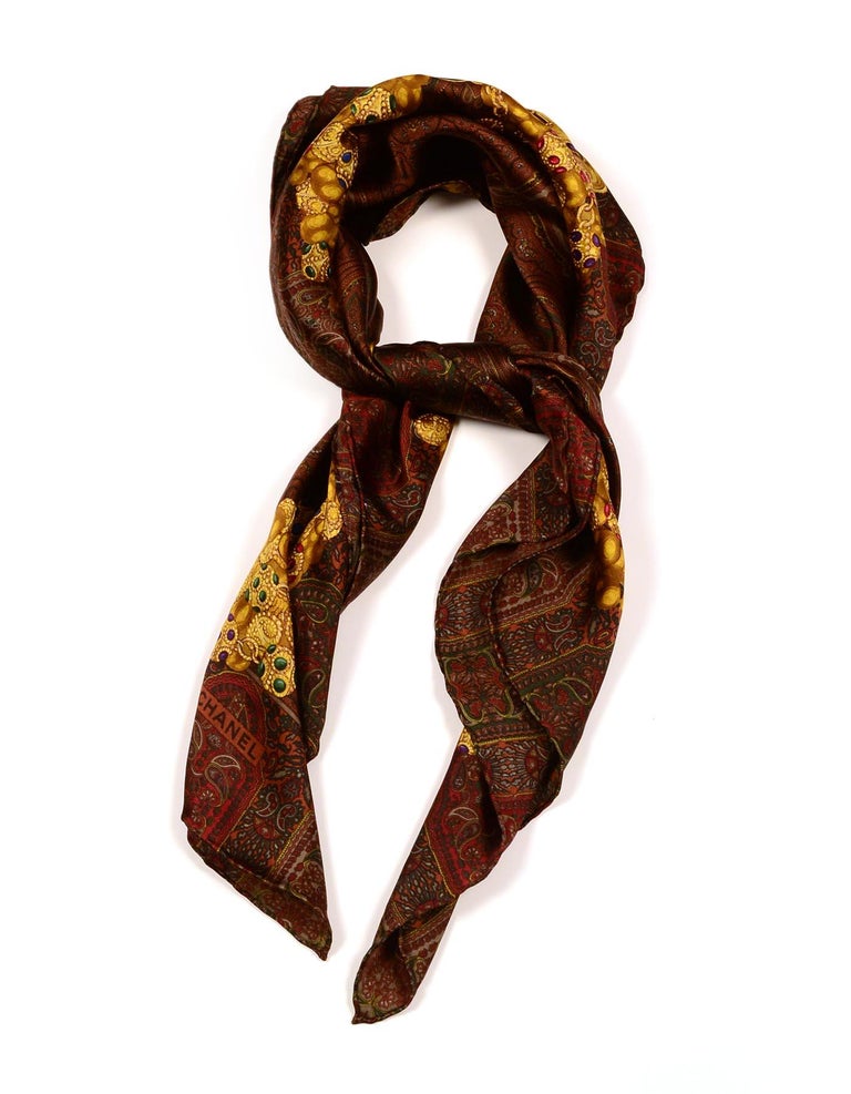 Chanel Brown/Red Paisley Jewel Print 90cm Silk Scarf at 1stDibs ...