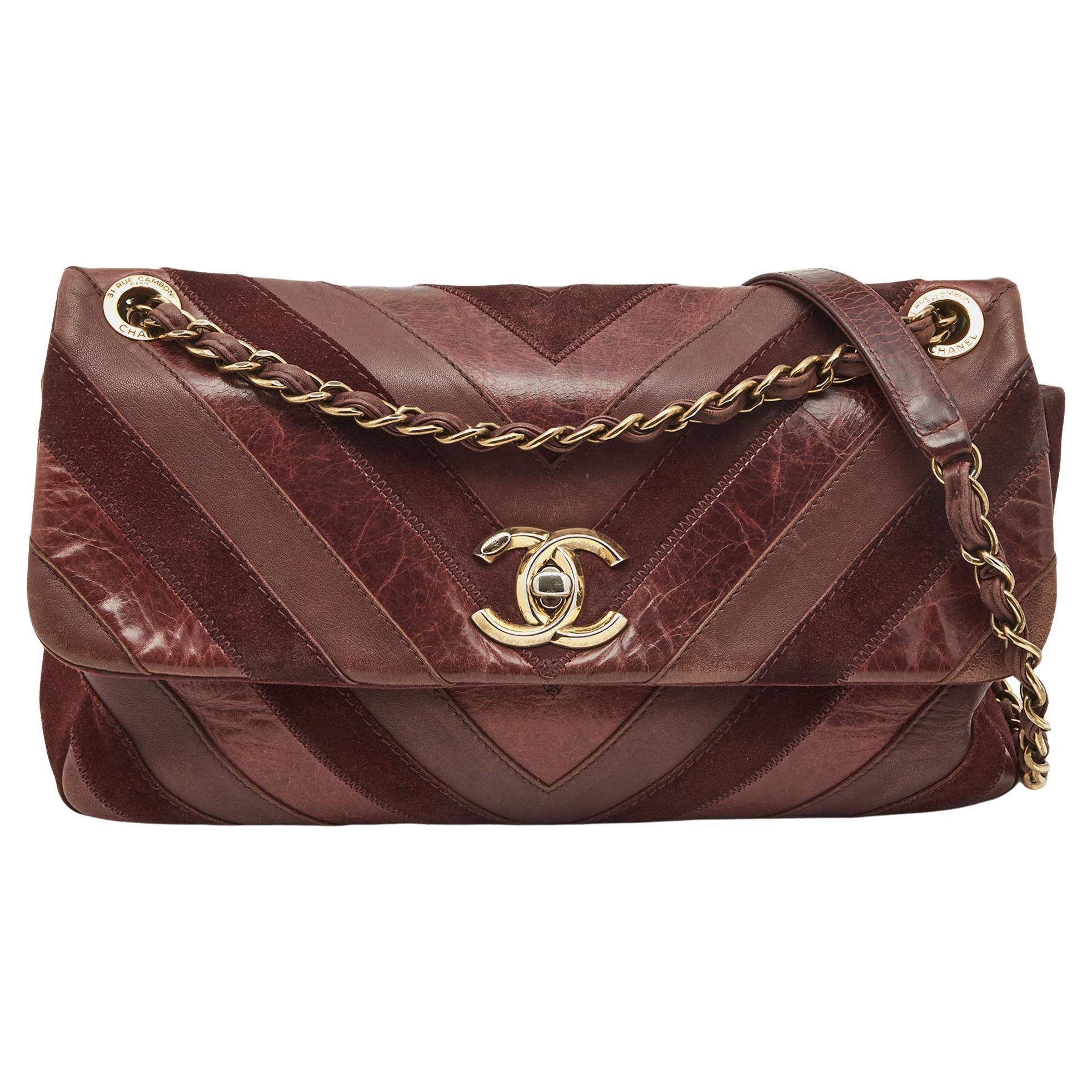 Chanel Burgundy Chevron Leather and Suede Jumbo Surpique Flap Bag at ...