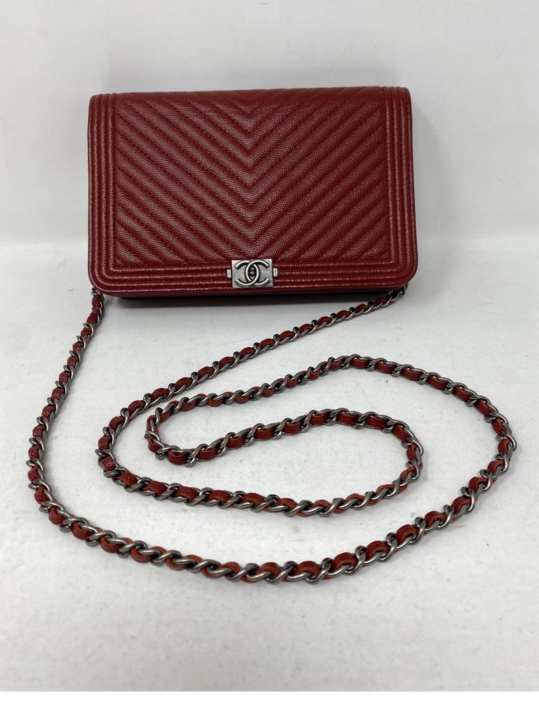 Chanel Burgundy Chevron Wallet On A Chain Bag at 1stDibs