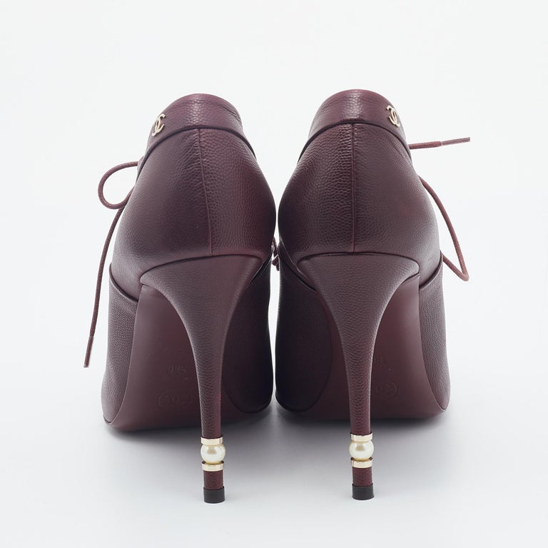 Chanel Burgundy Leather CC Lace Up Booties Size 38 For Sale at 1stDibs