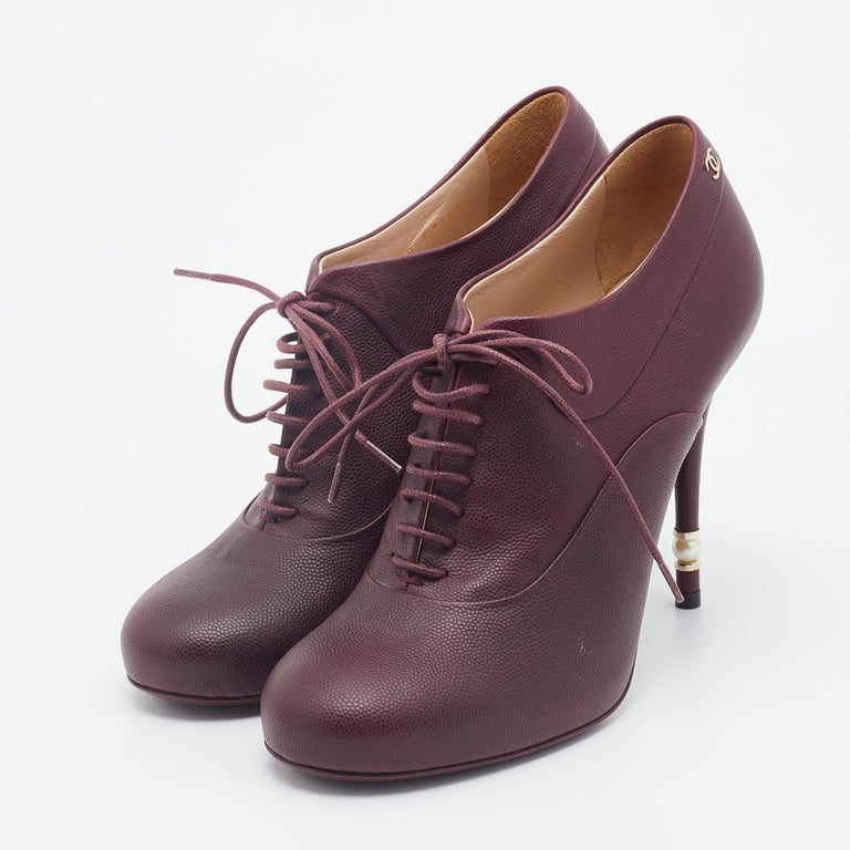 Chanel Burgundy Leather CC Lace Up Booties Size 38 For Sale at 1stDibs