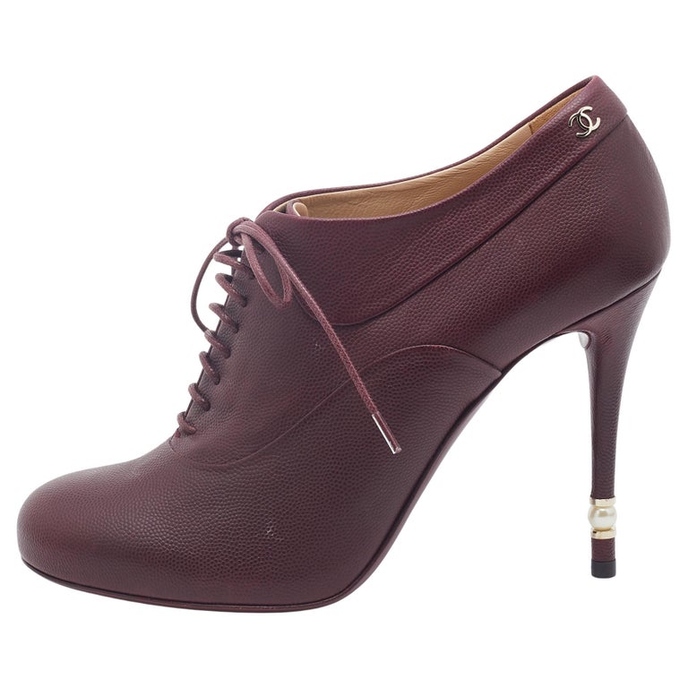 Chanel Burgundy Leather CC Lace Up Booties Size 38 For Sale at 1stDibs