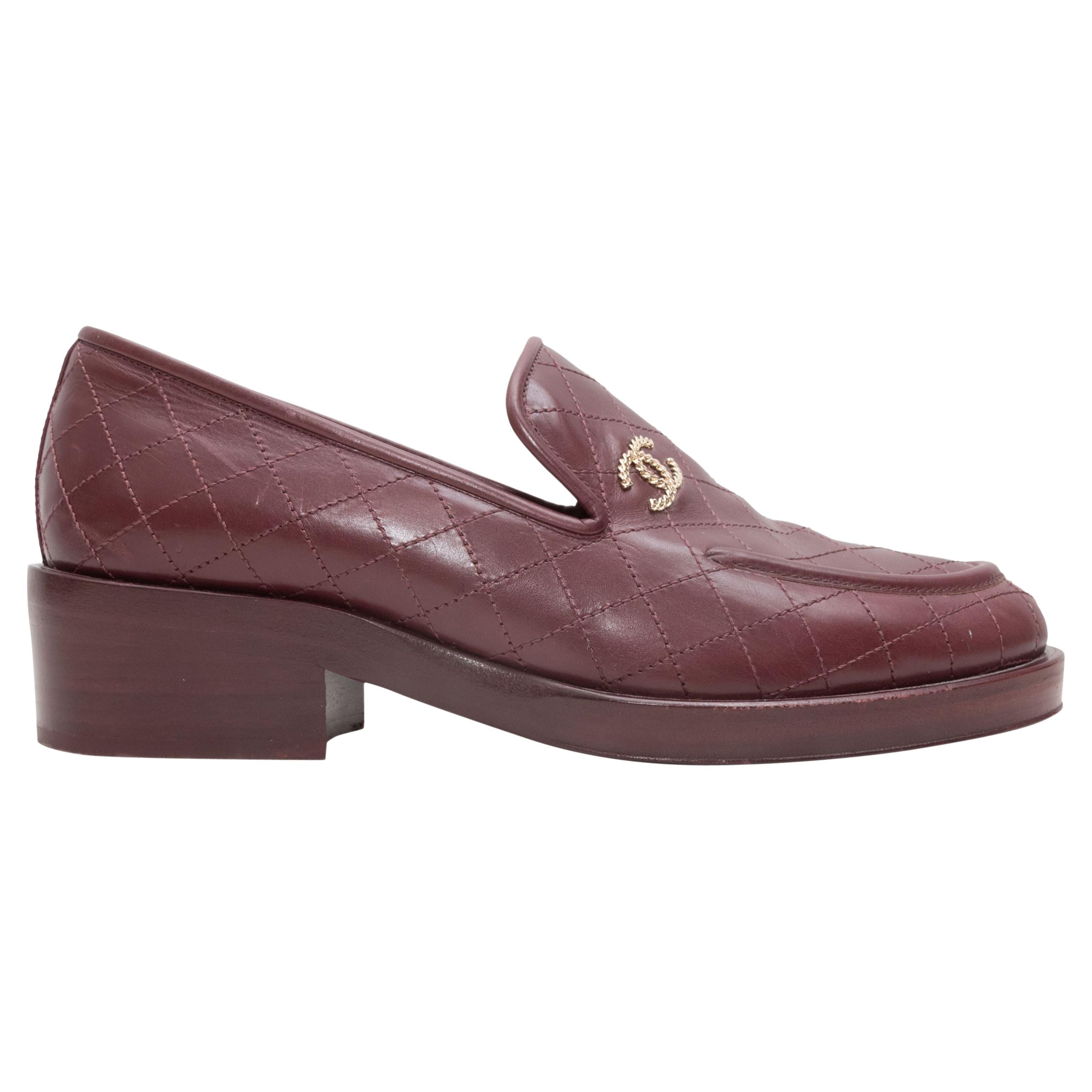 Chanel Burgundy Quilted Leather Loafers For Sale at 1stDibs