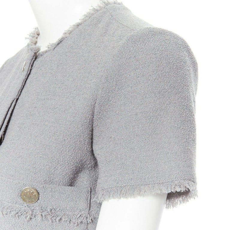 CHANEL cadet grey short sleeves slim-fit frayed hem summer tweed jacket ...