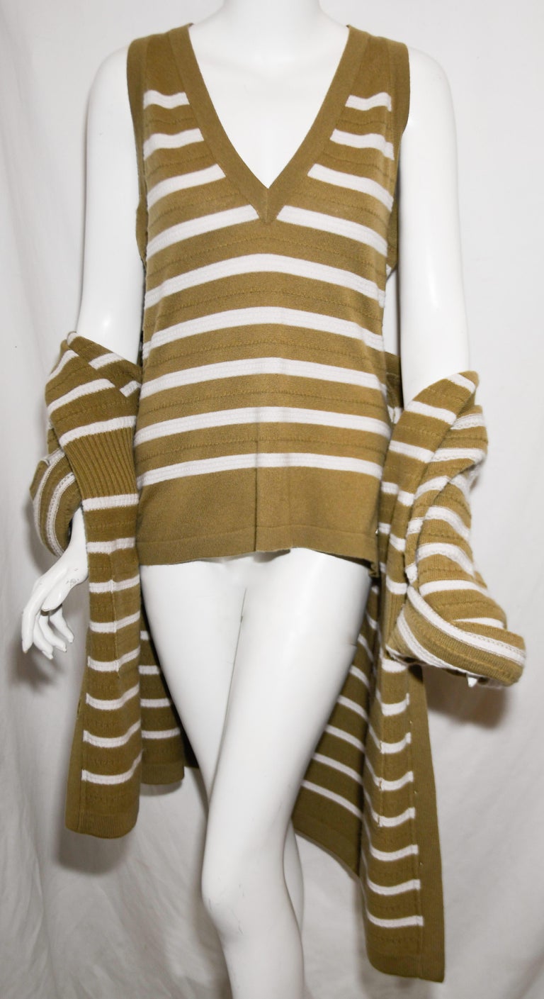 Chanel Camel and Ivory Cashmere Striped Twin Set at 1stDibs