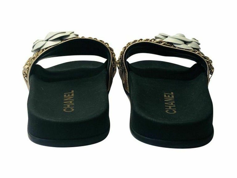 Chanel Camelia Chain Slides Sandals - Gold Leather with Chain detail ...