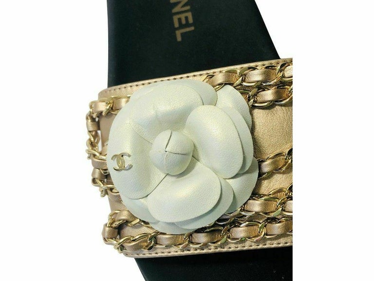 Chanel Camelia Chain Slides Sandals - Gold Leather with Chain detail ...