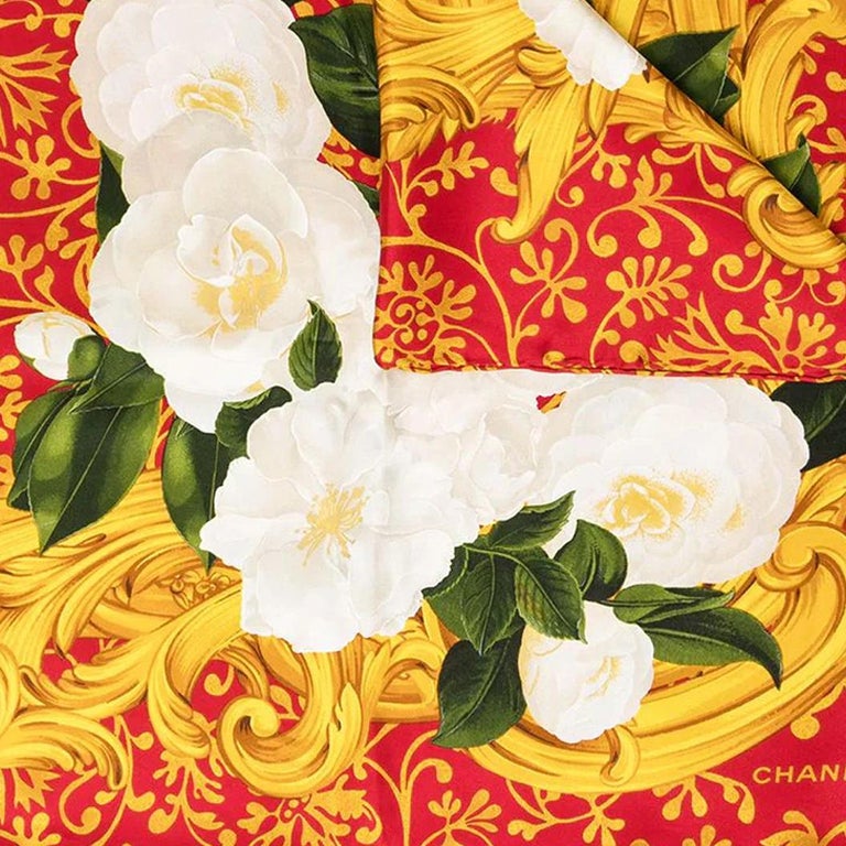 Chanel Camelia Flower Silk Scarf For Sale at 1stDibs