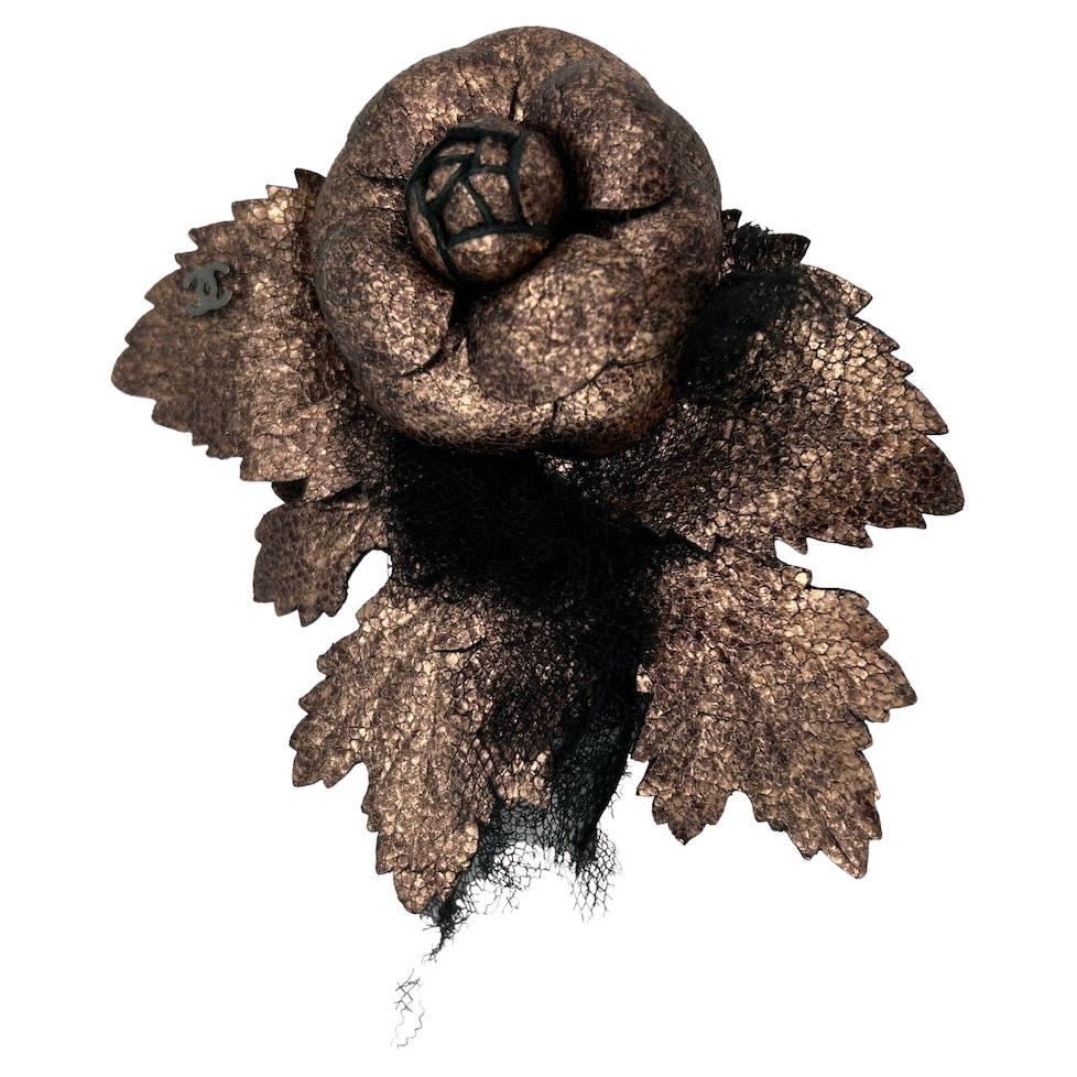 CHANEL Camellia Brooch in Moiré Leather at 1stDibs