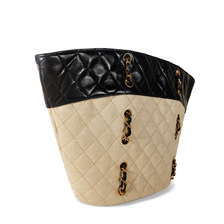 Chanel Canvas and Navy Leather Bucket Tote at 1stDibs
