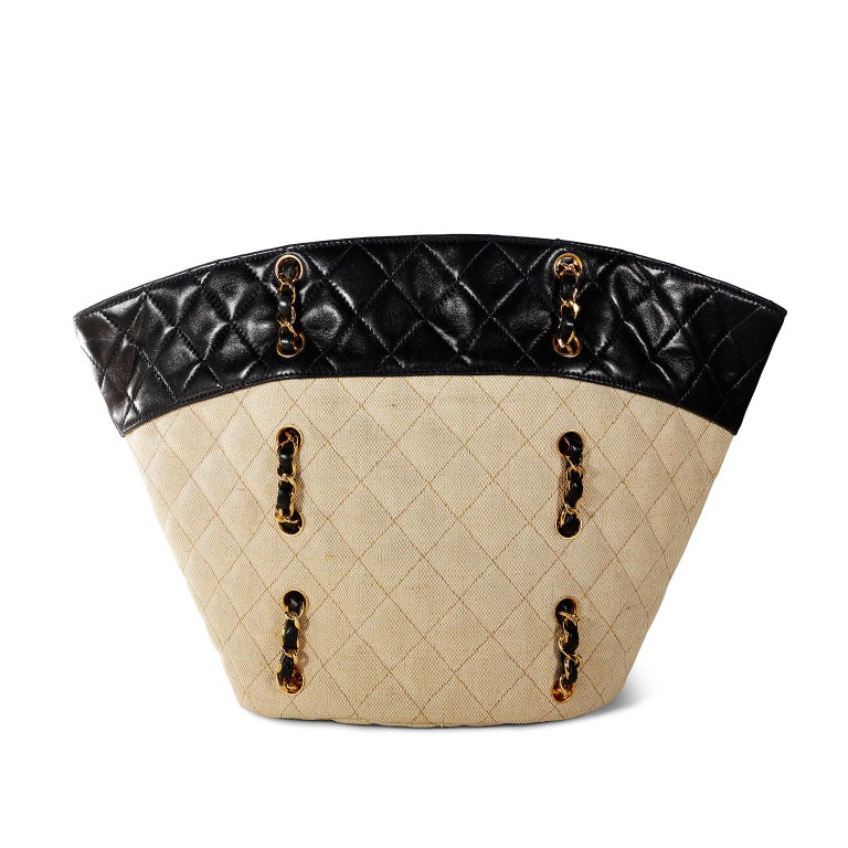 Chanel Canvas and Navy Leather Bucket Tote at 1stDibs