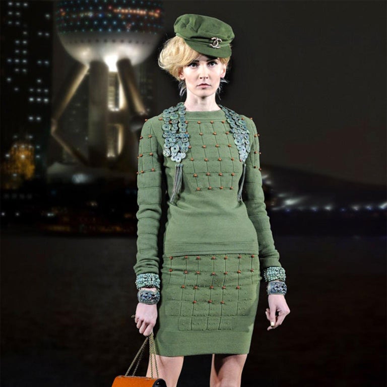 Chanel Cashmere Blend Textured Beaded Green Pullover 2010 Runway ...