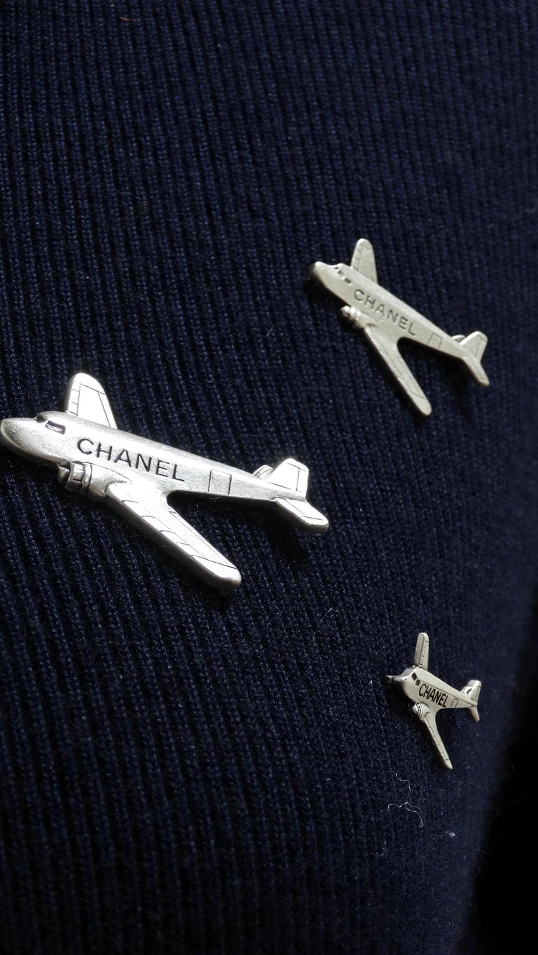 Chanel Cashmere Knit Plane Pins Navy Blue Dress For Sale at 1stDibs