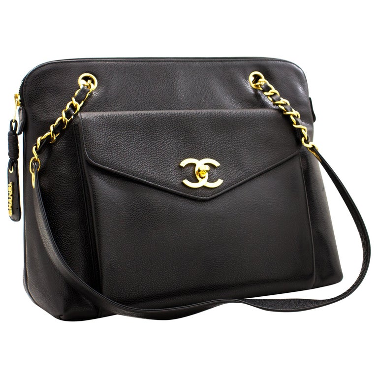 CHANEL Caviar Large Chain Shoulder Bag Leather Black Gold Hardware For ...