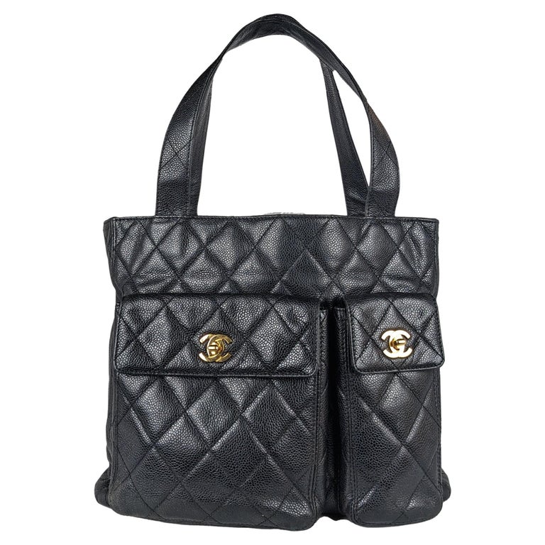 Chanel Caviar Leather Quilted Double Pocket Tote Black For Sale at 1stDibs