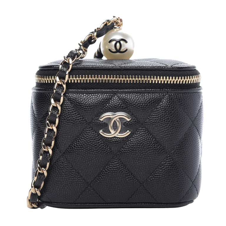 Chanel Caviar Quilted Black Mini Pearl On Top Vanity Case With Chain ...