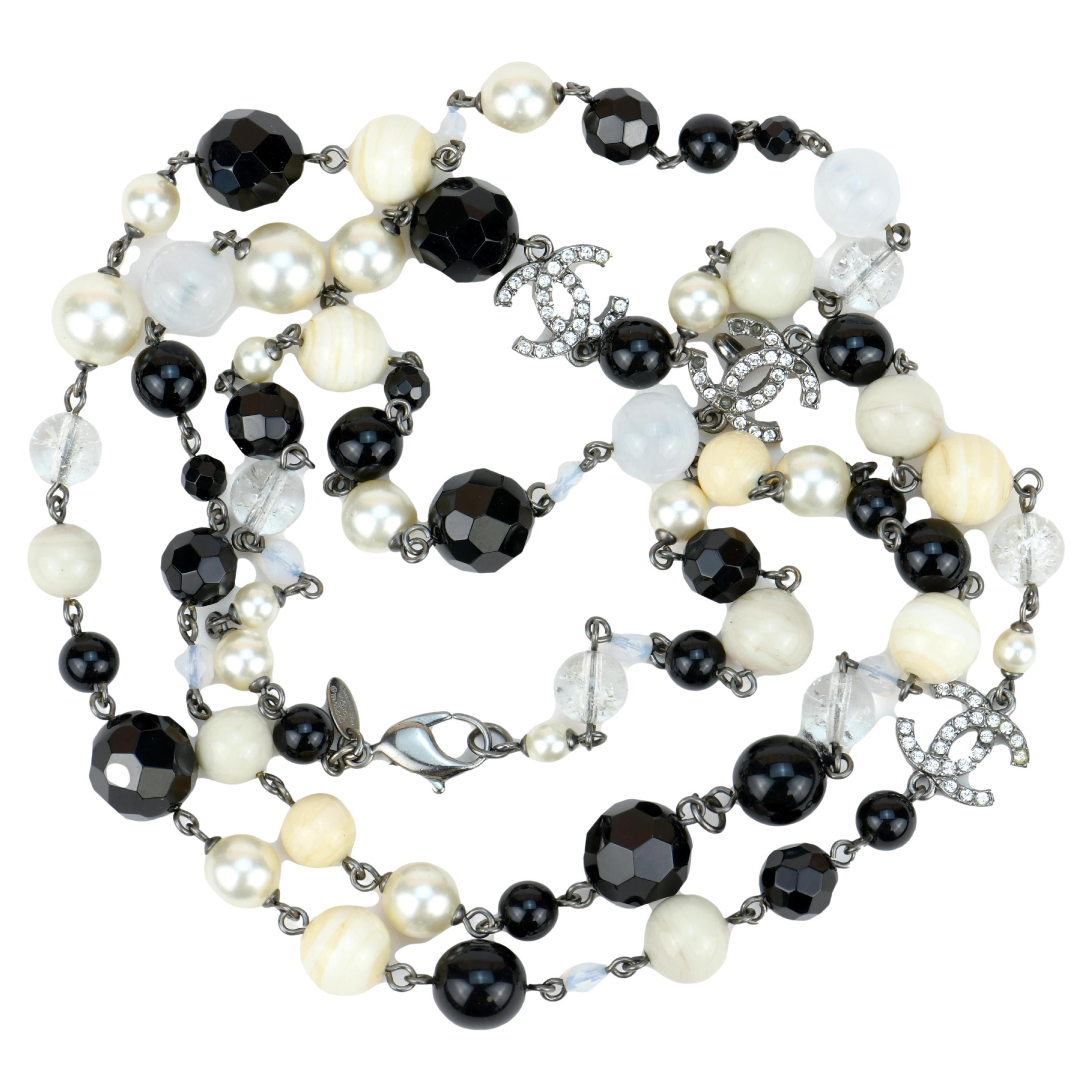 Chanel CC 3 Logos Crystal Pearl and Beaded Long Necklace at 1stDibs