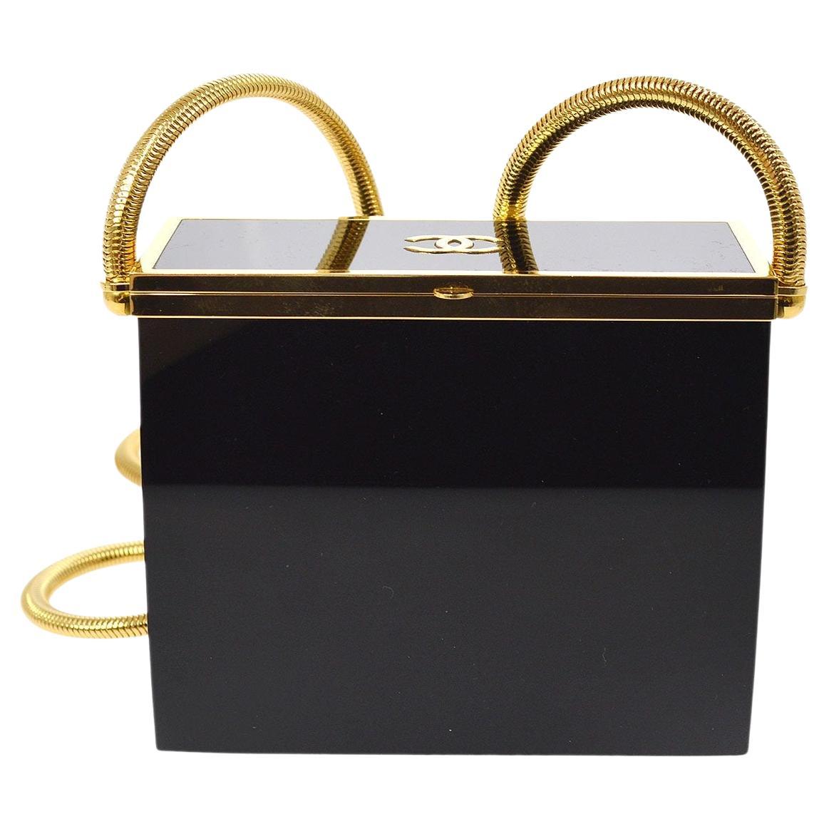 CHANEL CC Black Plastic Gold Trim Small Mini Evening Box Shoulder Bag ...