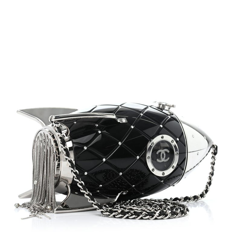 CHANEL CC Black Plexiglass Pink Strass Crystal Silver Rocket Space ...