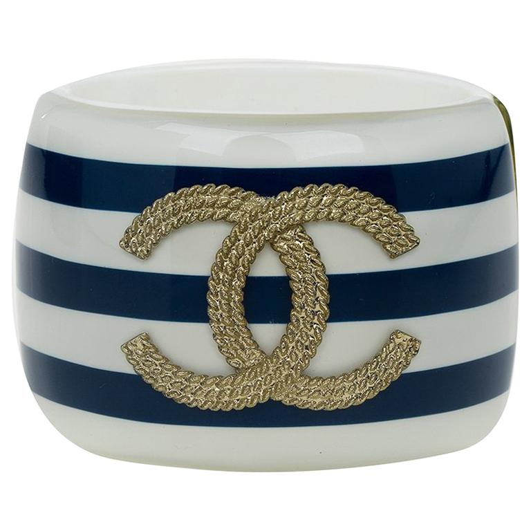 Chanel CC Blue and White Stripe Resin Bangle Bracelet at 1stDibs