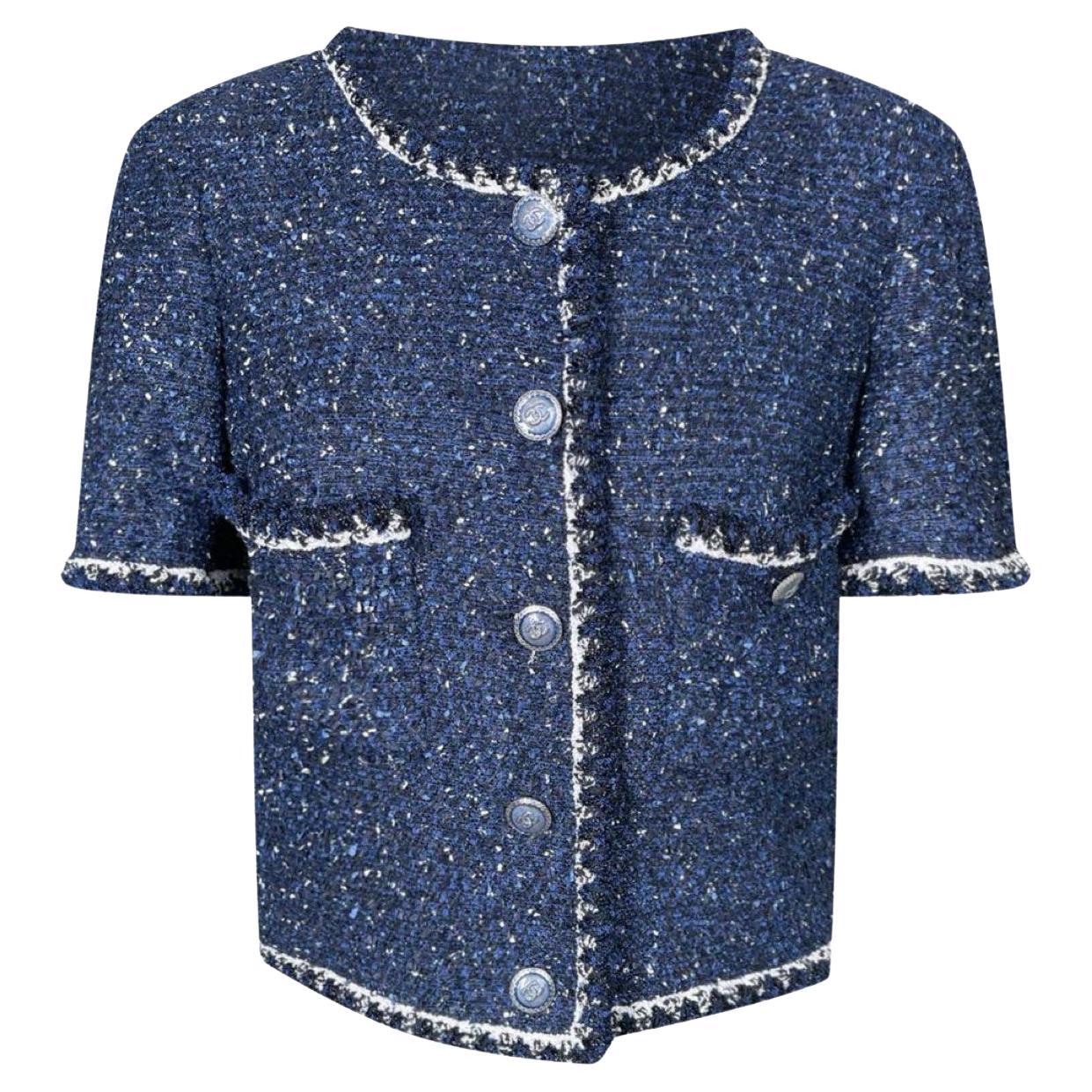 Chanel CC Buttons Black and Navy Tweed Jacket For Sale at 1stDibs