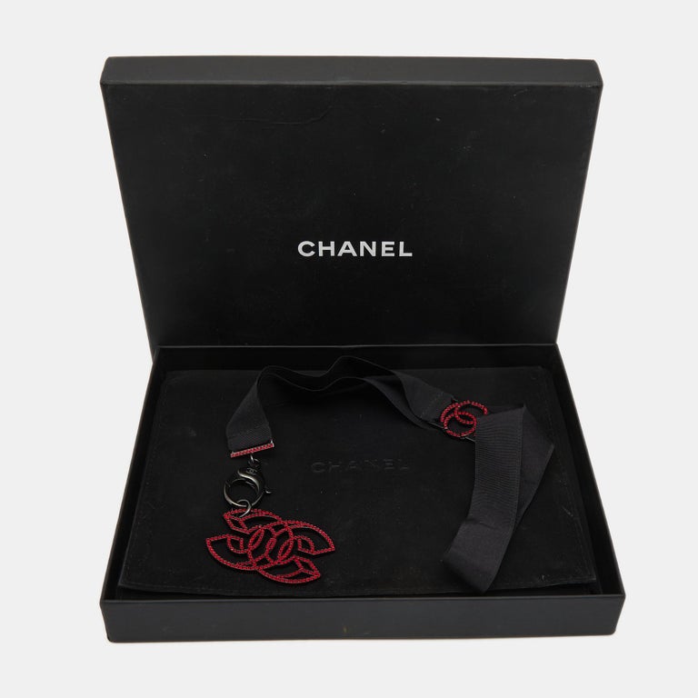 Chanel CC Crystal Embellished Black Ribbon Lanyard Necklace For Sale at ...