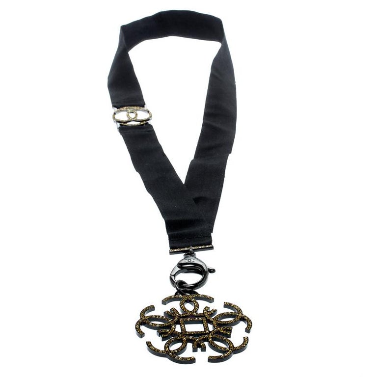 Chanel CC Crystal Embellished Black Ribbon Necklace For Sale at 1stDibs