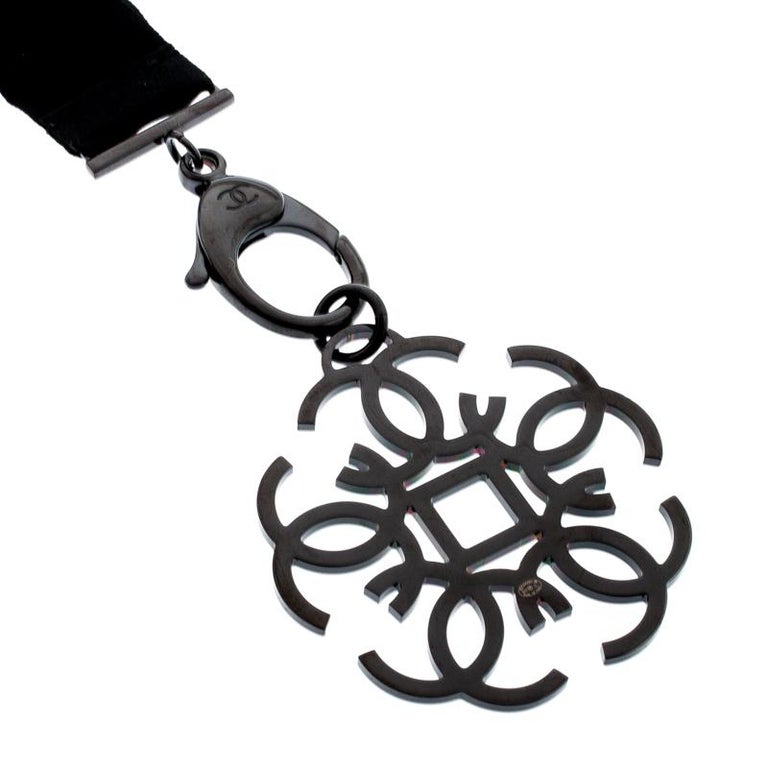 Chanel CC Crystal Embellished Black Ribbon Necklace For Sale at 1stDibs