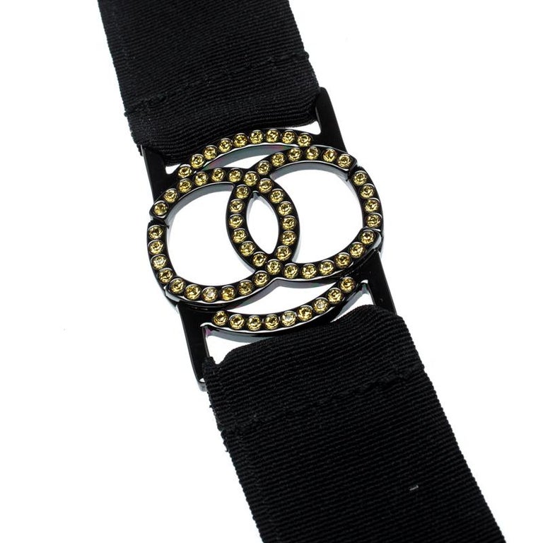 Chanel CC Crystal Embellished Black Ribbon Necklace For Sale at 1stDibs