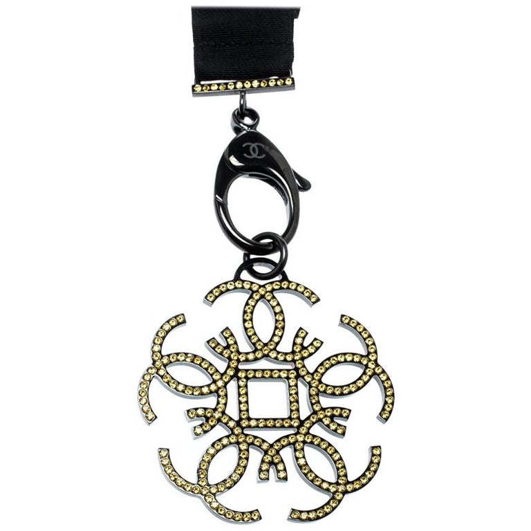 Chanel CC Crystal Embellished Black Ribbon Necklace For Sale at 1stDibs