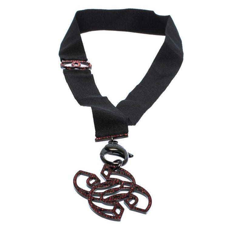 Chanel CC Crystal Embellished Black Ribbon Pendant Necklace at 1stDibs
