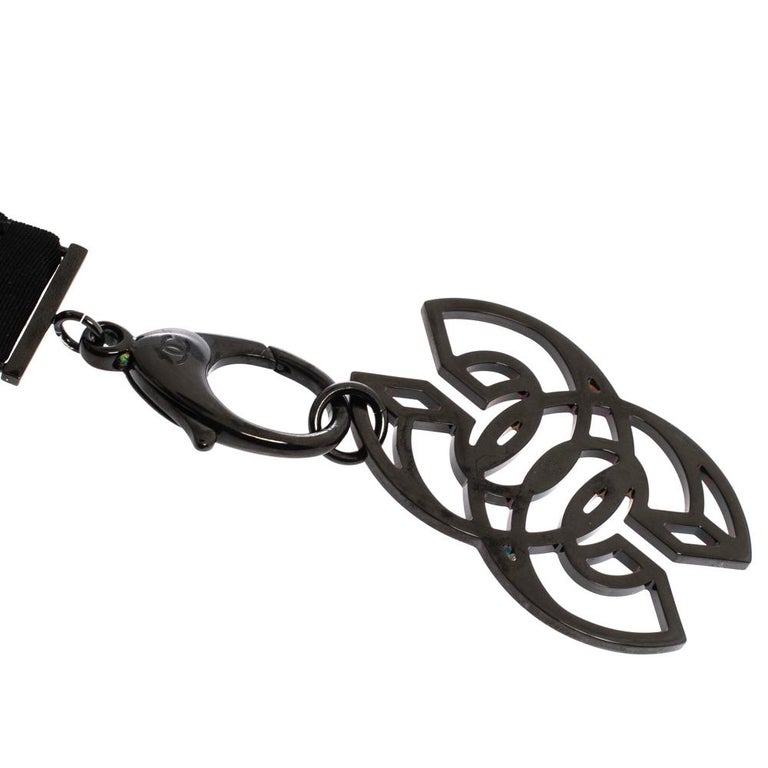 Chanel CC Crystal Embellished Black Ribbon Pendant Necklace at 1stDibs