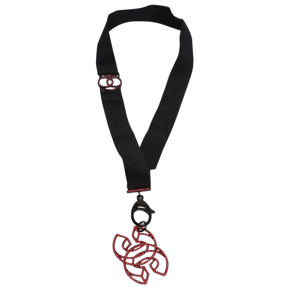 Chanel CC Crystal Embellished Black Ribbon Pendant Necklace at 1stDibs