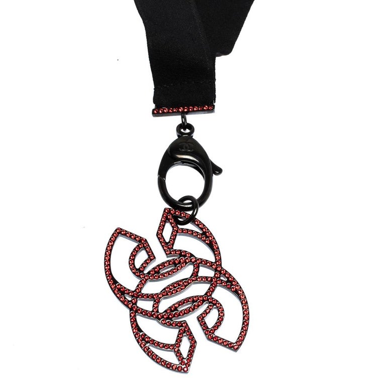 Chanel CC Crystal Embellished Black Ribbon Pendant Necklace at 1stDibs