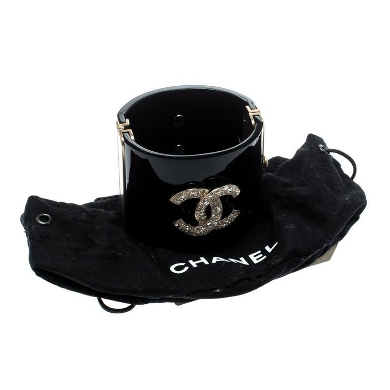 Chanel CC Crystal Studded Black Gold Tone Wide Cuff Bracelet For Sale ...