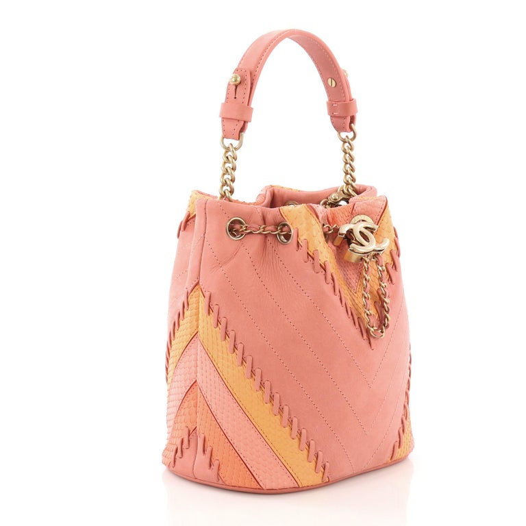 Chanel CC Drawstring Bucket Bag Whipstitch Chevron Leather and Python ...