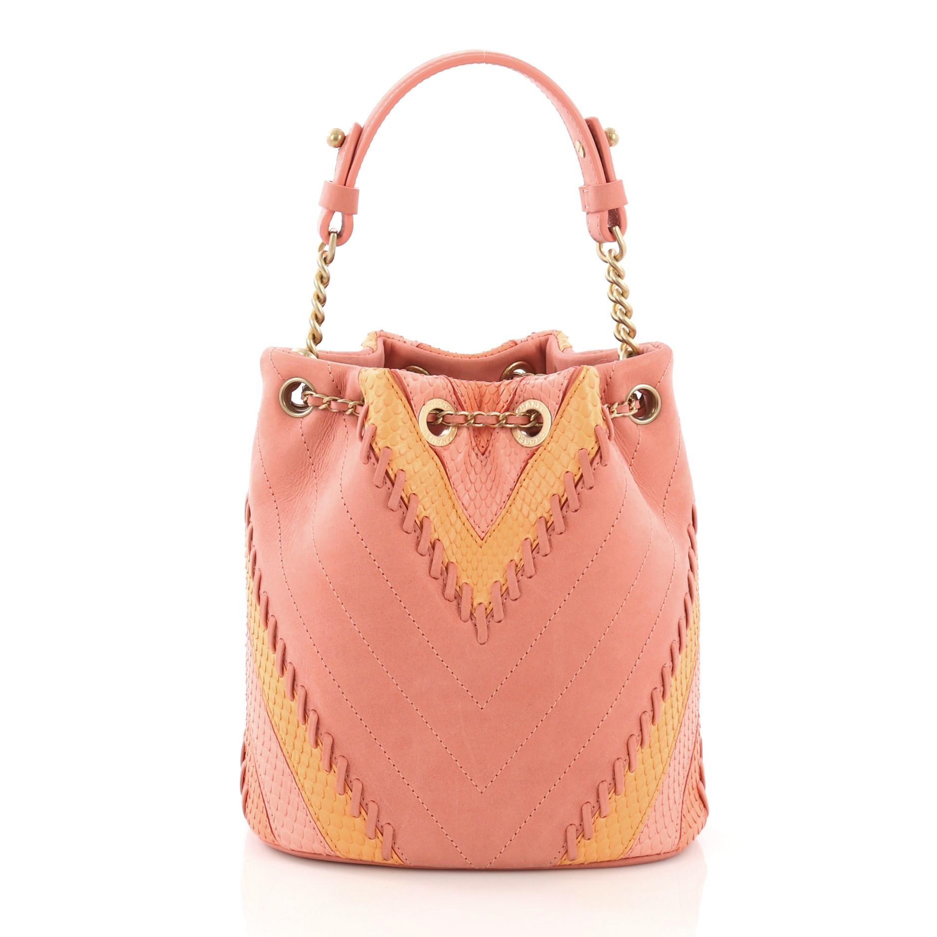 Chanel CC Drawstring Bucket Bag Whipstitch Chevron Leather and Python ...