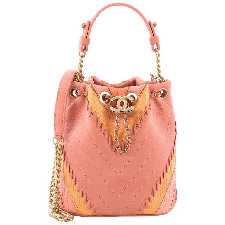 Chanel CC Drawstring Bucket Bag Whipstitch Chevron Leather and Python ...