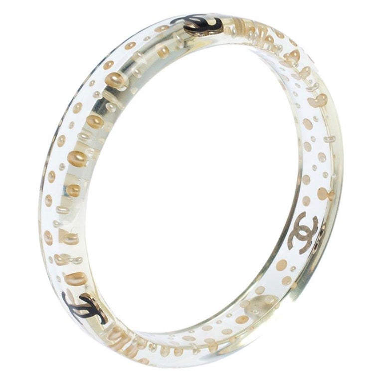 Chanel CC Faux Pearl Transparent Resin Bangle Bracelet For Sale at ...