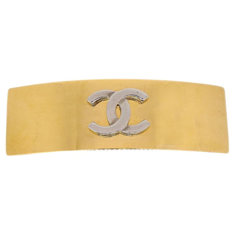 CHANEL CC Gold Silver Metal Logo Hair Clip Barrette For Sale at 1stDibs