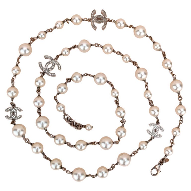 Chanel CC Logo Pearl and Crystal Long Pearl Necklace in Gilt Gold at ...