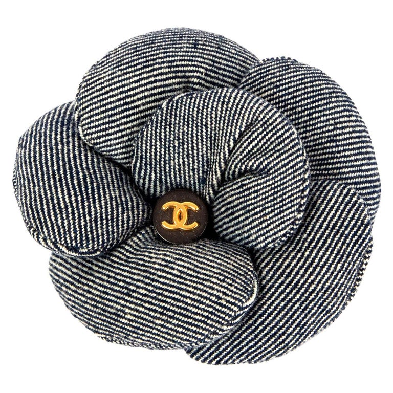 CHANEL CC midnight blue canvas Camelia Brooch at 1stDibs