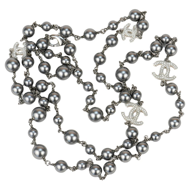 Chanel CC Pearl Crystal Silver Grey Long Necklace For Sale at 1stDibs