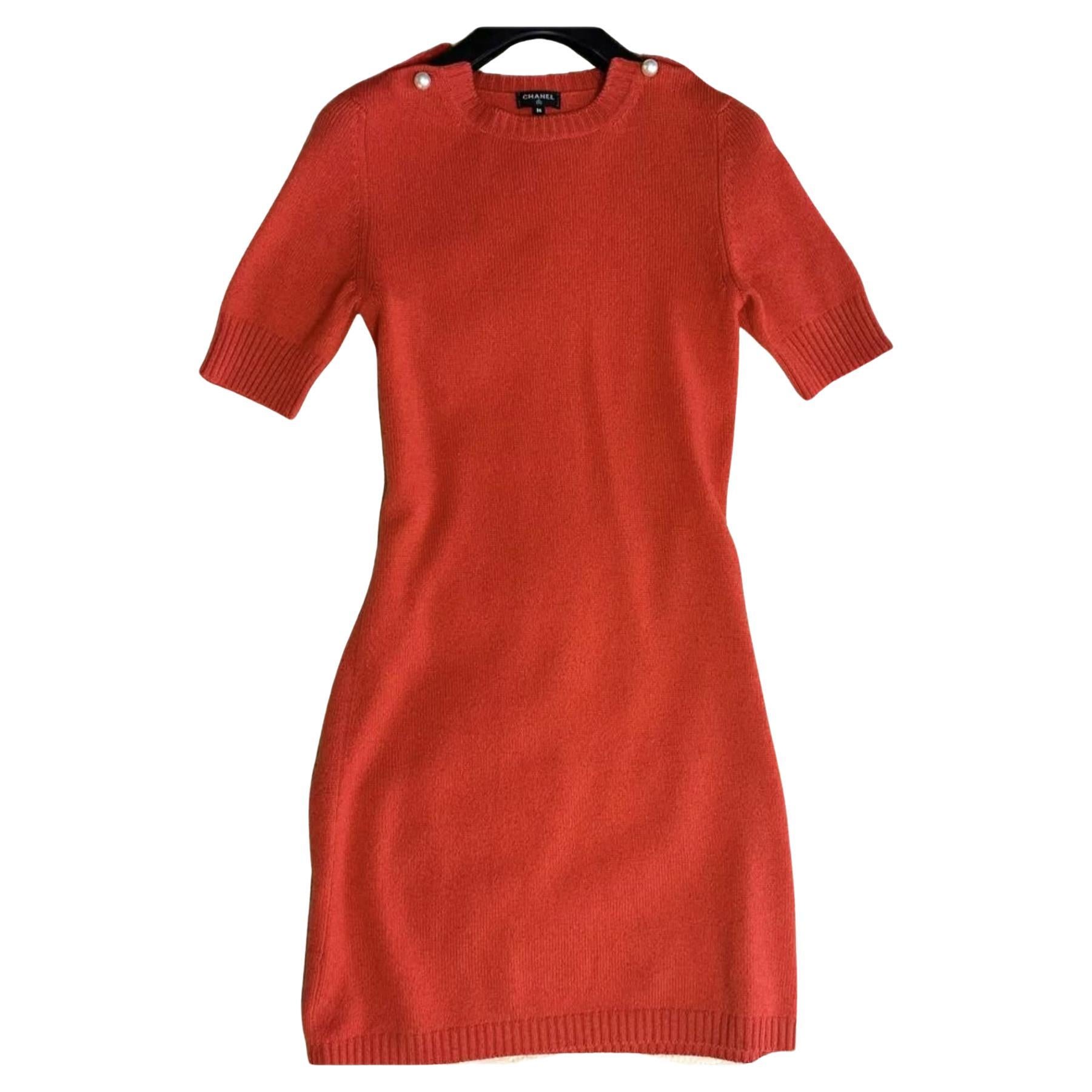 Chanel CC Pearls Red Cashmere Dress at 1stDibs