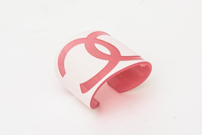 Chanel CC Pink and White Plastic Wide Cuff Bracelet For Sale at 1stDibs