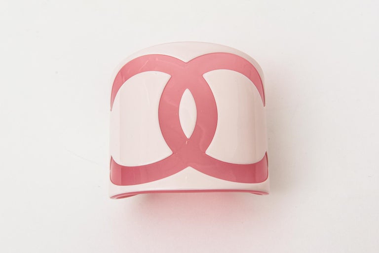 Chanel CC Pink and White Plastic Wide Cuff Bracelet For Sale at 1stDibs