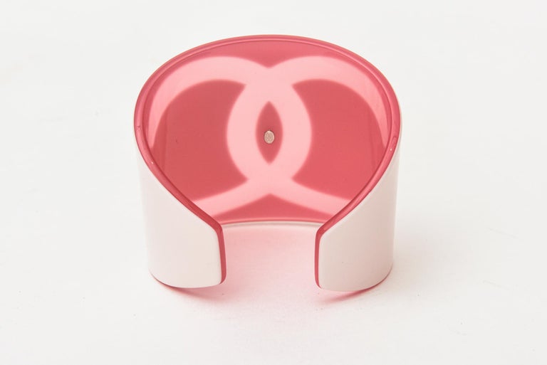 Chanel CC Pink and White Plastic Wide Cuff Bracelet For Sale at 1stDibs