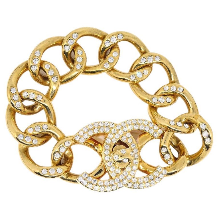 CHANEL CC Turnlock Rhinestone Gold Metal Chain Link Bracelet For Sale ...