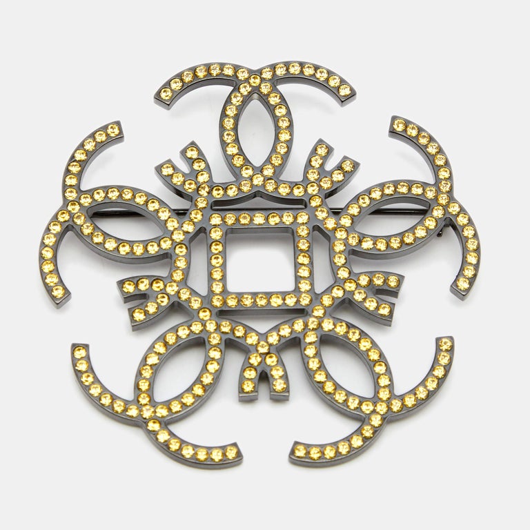 Chanel CC Yellow Crystal Embellished Black Tone Pin Brooch For Sale at ...